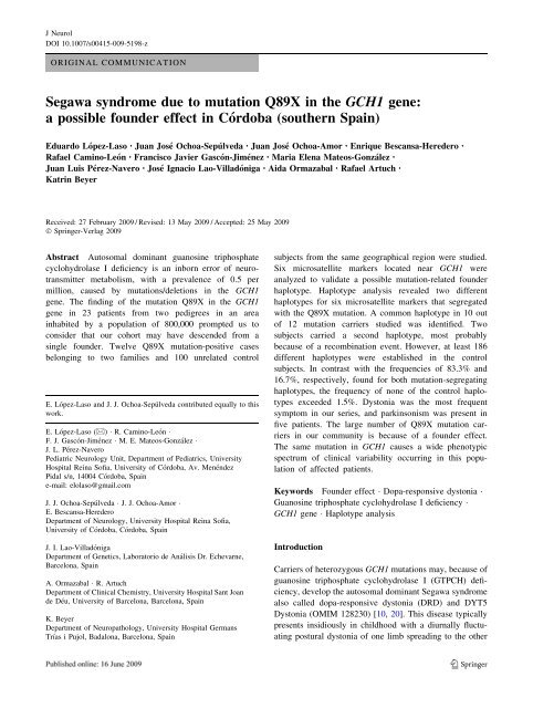 Segawa syndrome due to mutation Q89X in the GCH1 gene: a ...