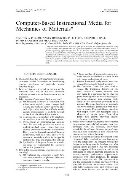 Computer-Based Instructional Media for Mechanics of Materials*
