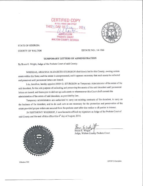 Temporary Letters of Administration (certified copy)