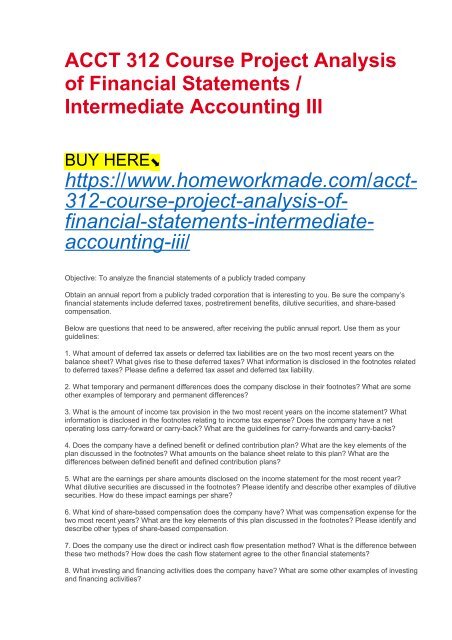 ACCT 312 Course Project Analysis of Financial Statements : Intermediate ...