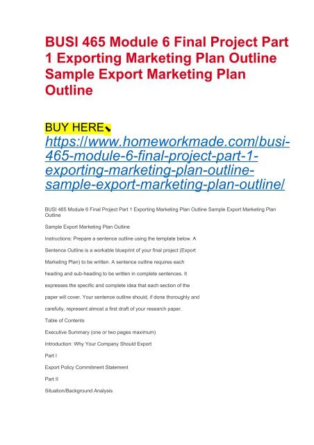 BUSI 465 Module 6 Final Project Part 1 Exporting Marketing Plan Outline ...