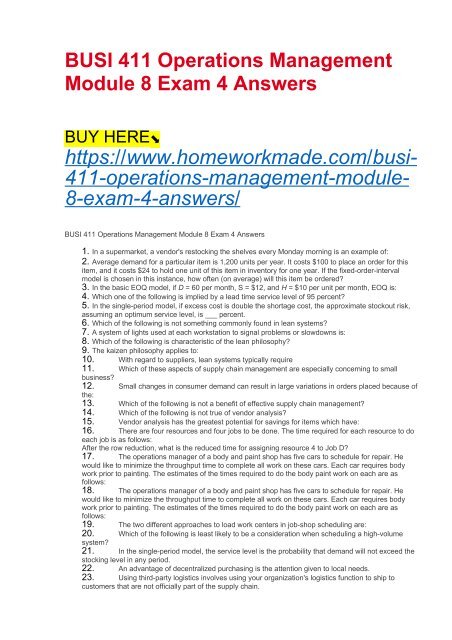 BUSI 411 Operations Management Module 8 Exam 4 Answers