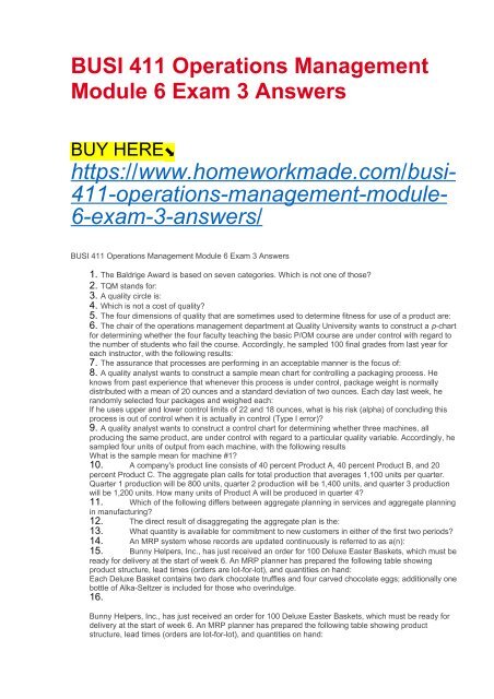 BUSI 411 Operations Management Module 6 Exam 3 Answers