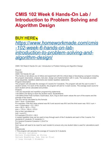 CMIS 102 Week 6 Hands-On Lab : Introduction to Problem Solving and ... CMIS 102 Week 6 Hands-On Lab : Introduction to Problem Solving and ...