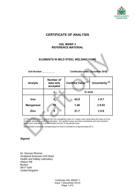 MSWF-1 Draft Certification Sheet - Health and Safety Laboratory
