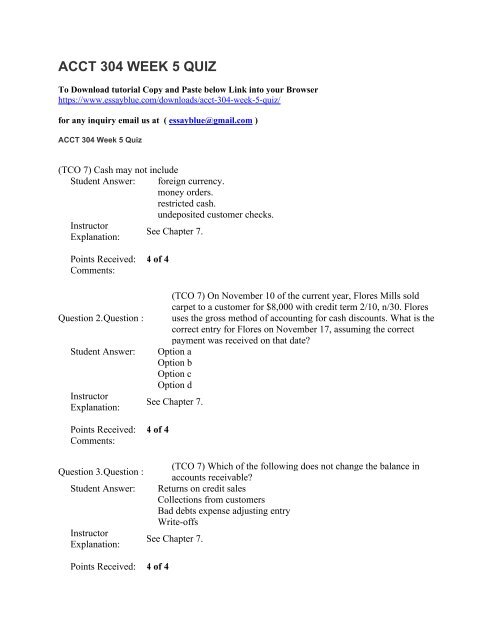 ACCT 304 WEEK 5 QUIZ ACCT 304 WEEK 5 QUIZ