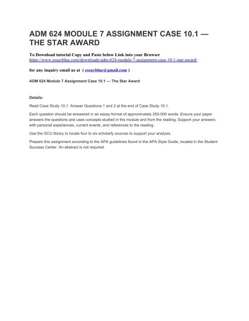 ADM 624 MODULE 7 ASSIGNMENT CASE 10.1 — THE STAR AWARD
