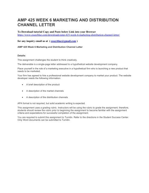 AMP 425 WEEK 6 MARKETING AND DISTRIBUTION CHANNEL LETTER