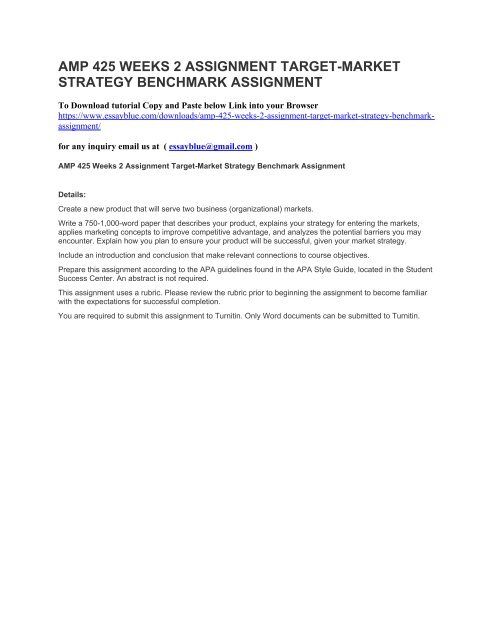 AMP 425 WEEKS 2 ASSIGNMENT TARGET-MARKET STRATEGY BENCHMARK ASSIGNMENT