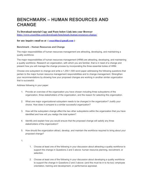 BENCHMARK – HUMAN RESOURCES AND CHANGE