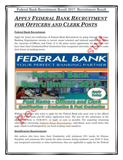 APPLY FEDERAL BANK RECRUITMENT FOR OFFICERS AND CLERK POSTS