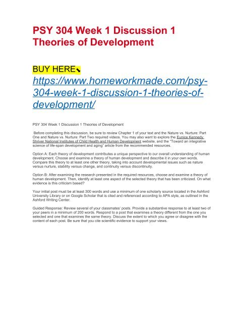 PSY 304 Week 1 Discussion 1 Theories of Development