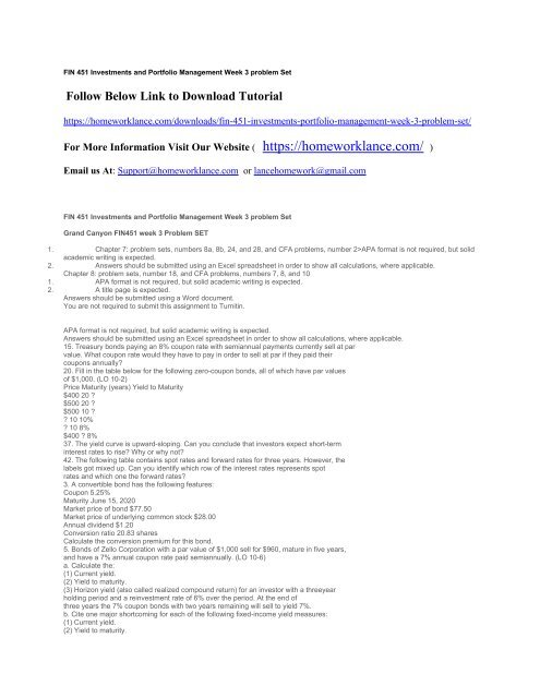 FIN 451 Investments and Portfolio Management Week 3 problem Set