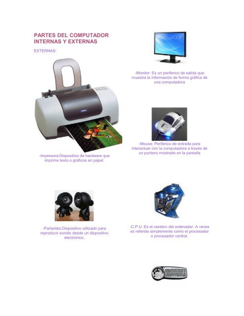 PARTES DEL COMPUTADOR INTERNAS Y EXTERNAS PARTES DEL COMPUTADOR INTERNAS Y EXTERNAS