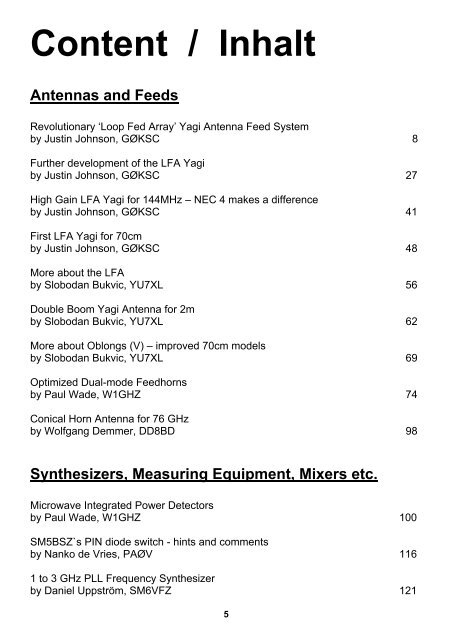 Content / Inhalt Antennas and Feeds - Marsport