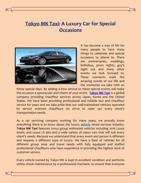 Tokyo MK Taxi A Luxury Car for Special Occasions