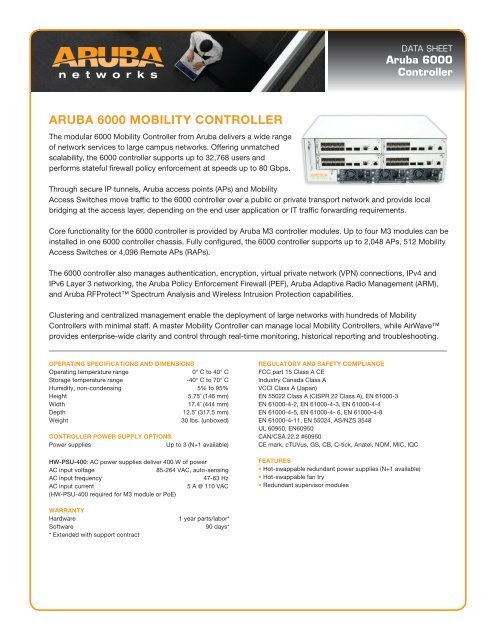 Aruba 6000 Mobility Controller Data Sheet - Aruba Networks