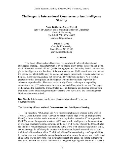 Challenges to International Counterterrorism Intelligence Sharing
