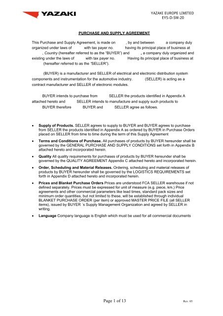PURCHASE AND SUPPLY AGREEMENT - YAZAKI Europe