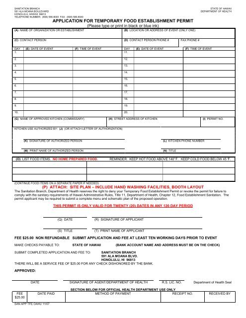Oahu Temporary Food Establishment Application - State of Hawaii