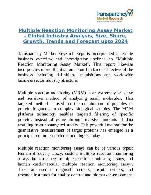 Multiple Reaction Monitoring Assay Market