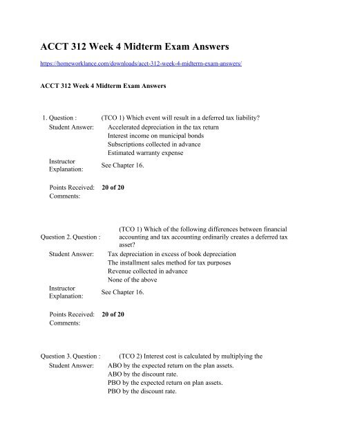 ACCT 312 Week 4 Midterm Exam Answers