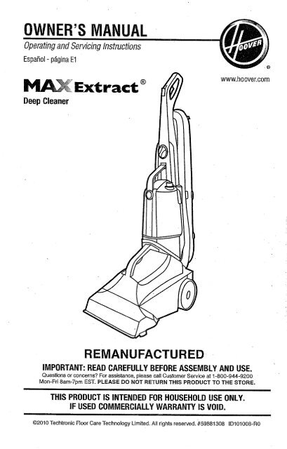 Hoover Max Extract 77 Hard Floor Cleaner Reconditioned - FH50240RM - Manual