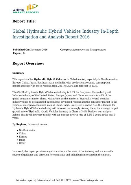 Global Hydraulic Hybrid Vehicles Industry In-Depth Investigation and ...