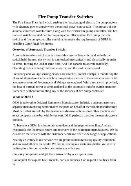 Fire Pump Transfer Switches