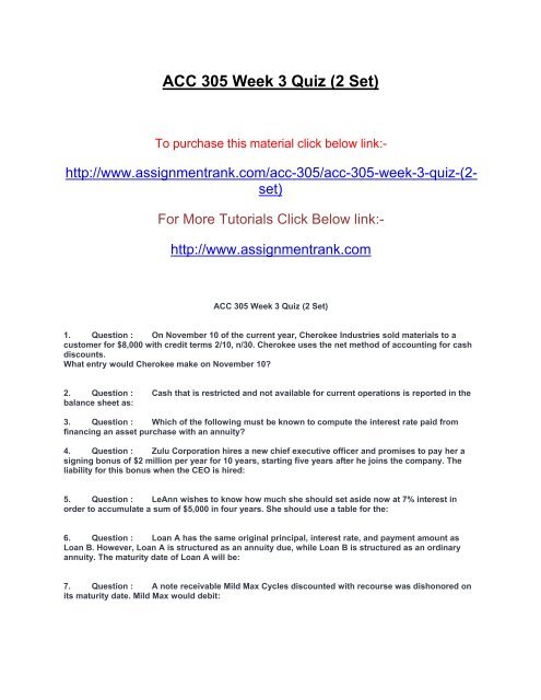 ACC 305 Week 3 Quiz (2 Set) ACC 305 Week 3 Quiz (2 Set)