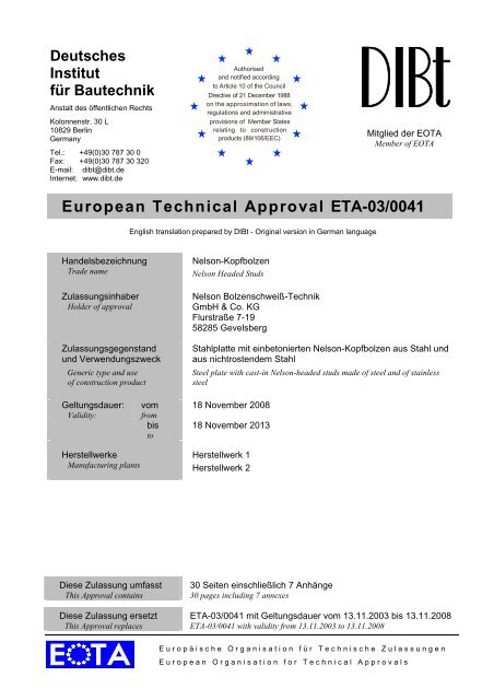 European Technical Approval ETA-03/0041 - Nelson Bolzenschweiß