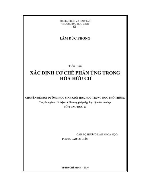XÁC ĐỊNH CƠ CHẾ PHẢN ỨNG TRONG HÓA HỮU CƠ HVTH LÂM ĐỨC PHONG