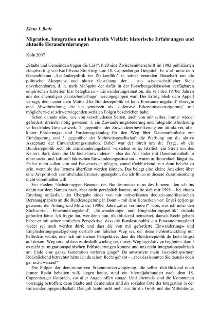 Migration, Integration und kulturelle Vielfalt ... - Klaus J. Bade