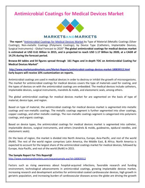 Antimicrobial Coatings for Medical Devices Market...
