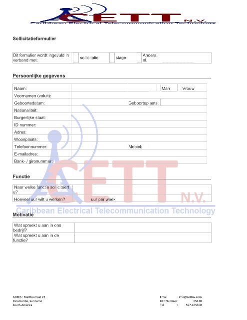 Sollicitatieformulier CETT N.V.