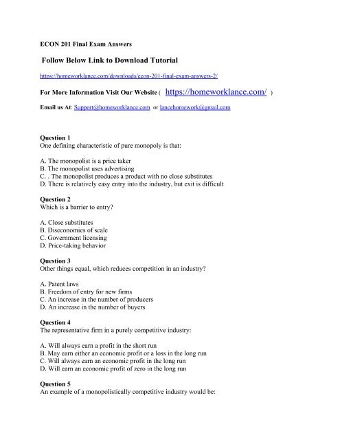 Econ 201 Final Exam Answers