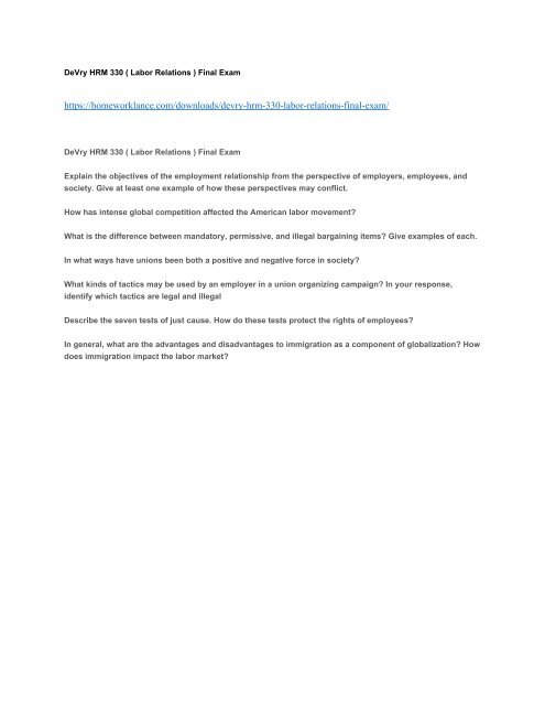 DeVry HRM 330 ( Labor Relations ) Final Exam
