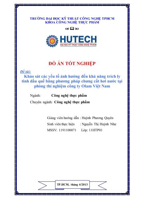 Khảo sát các yếu tố ảnh hưởng đến khả năng trích ly tinh dầu quế bằng ...