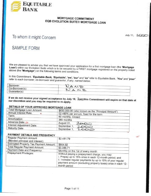 SAMPLE MORTGAGE COMMITMENT LETTER SAMPLE MORTGAGE COMMITMENT LETTER