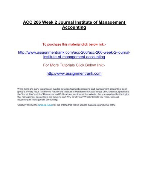 ACC 206 Week 2 Journal Institute of Management Accounting