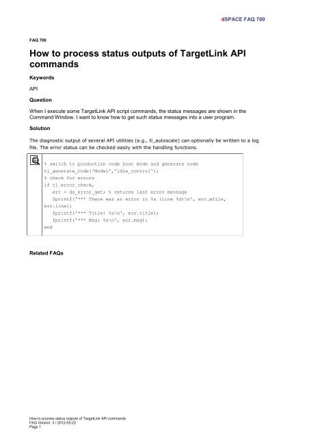 How to process status outputs of TargetLink API commands - dSPACE