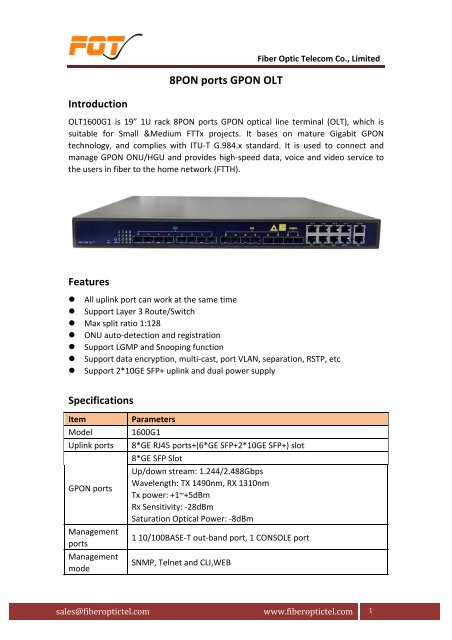 GPON OLT datasheet V1.0 - Fiber Optic Telecom