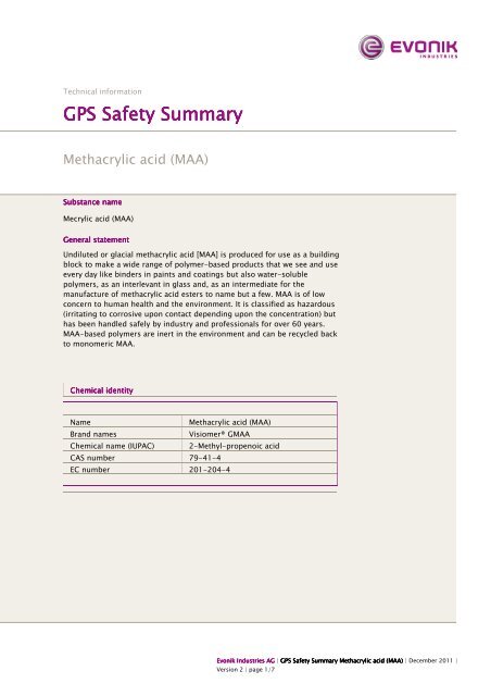 Methacrylic acid (MAA) - Evonik Industries AG