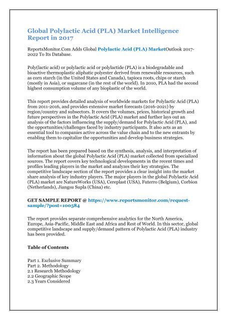 Global Polylactic Acid (PLA) Market Intelligence Report in 2017