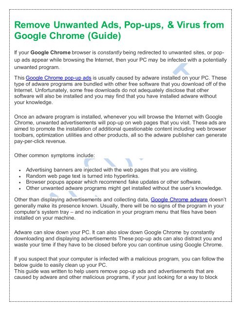 Remove Unwanted Ads, Pop-ups, & Virus from Google Chrome (Guide) Remove Unwanted Ads, Pop-ups, & Virus from Google Chrome (Guide)
