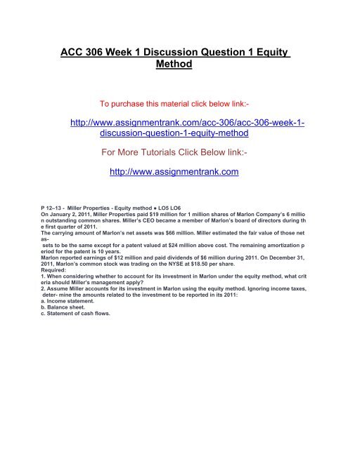 ACC 306 Week 1 Discussion Question 1 Equity Method