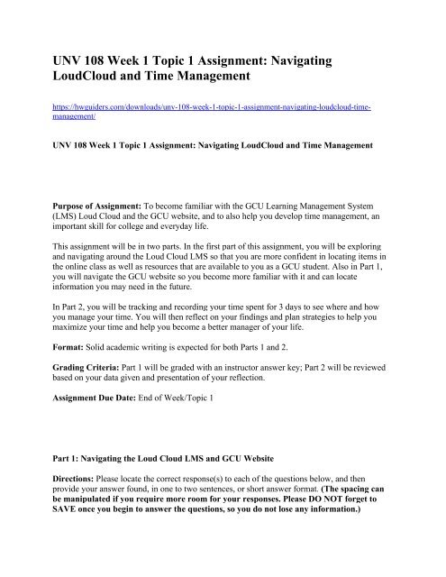 UNV 108 Week 1 Topic 1 Assignment Navigating LoudCloud and Time Management