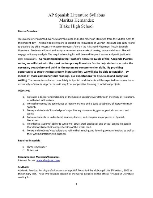 AP Spanish Literature Syllabus Maritza Hernandez Blake High School