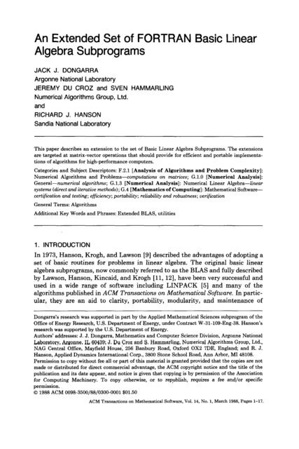 An Extended Set of FORTRAN Basic Linear Algebra ... - CiteSeer