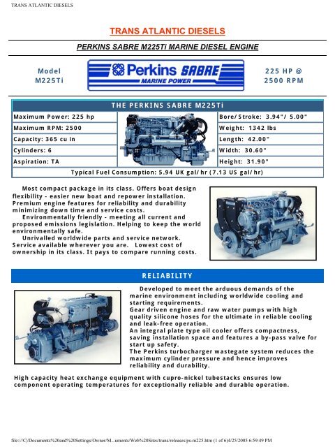 PERKINS SABRE M225Ti MARINE DIESEL ENGINE - Trans Atlantic ...